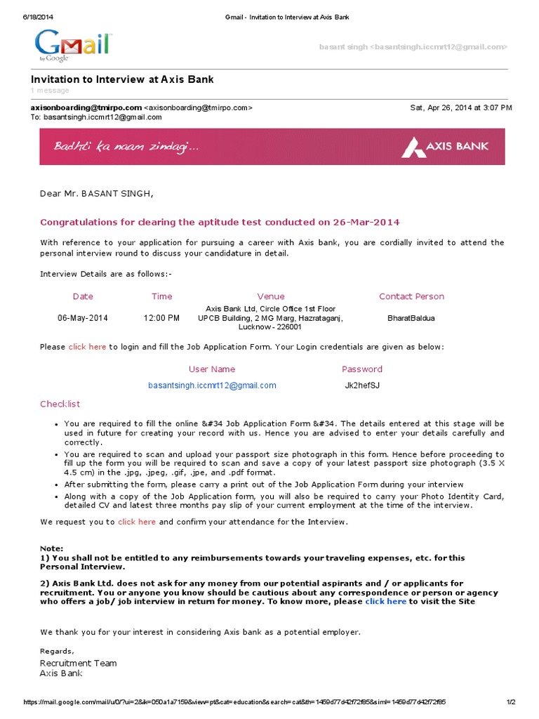 Gmail - Invitation To Interview at Axis Bank | PDF | Gmail | Security