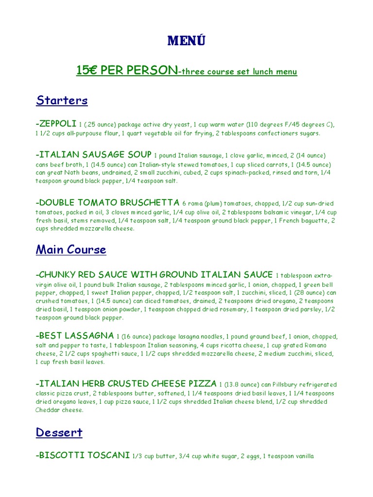 Italian Three-Course Lunch Menu | PDF