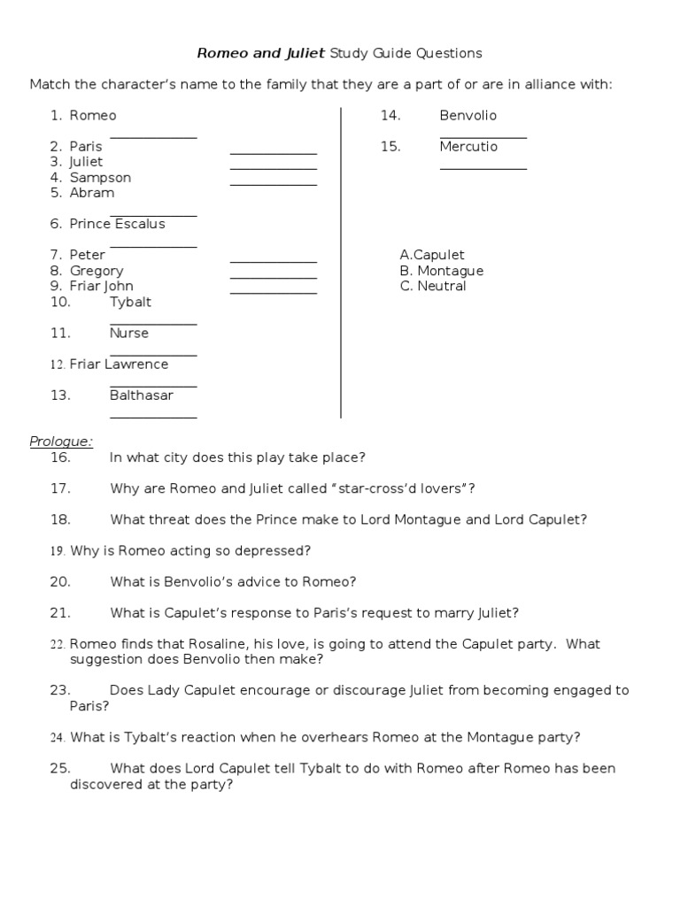 Romeo and Juliet Study Guide | PDF | Characters In Romeo And Juliet ...