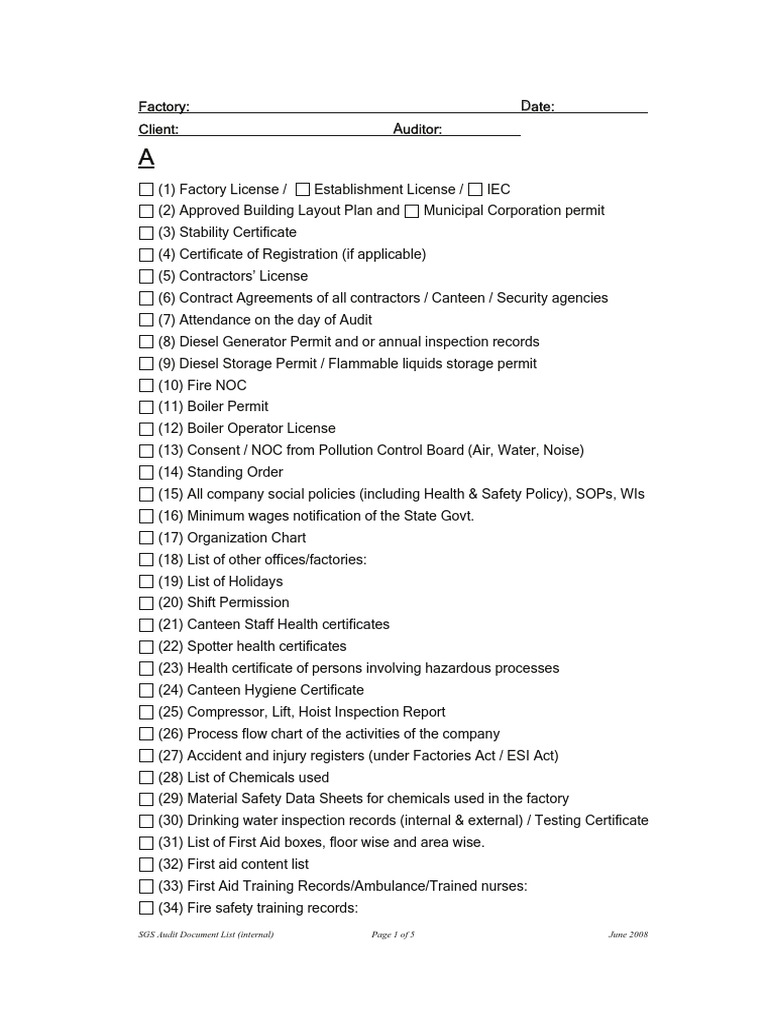 SGS Audit Document List (Internal) Page 1 of 5 June 2008 | PDF ...