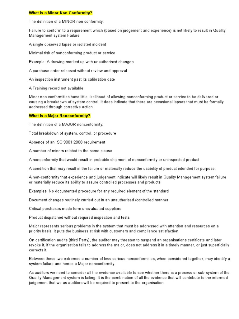 Difference Minor and Major Non Conformity | Audit | Risk