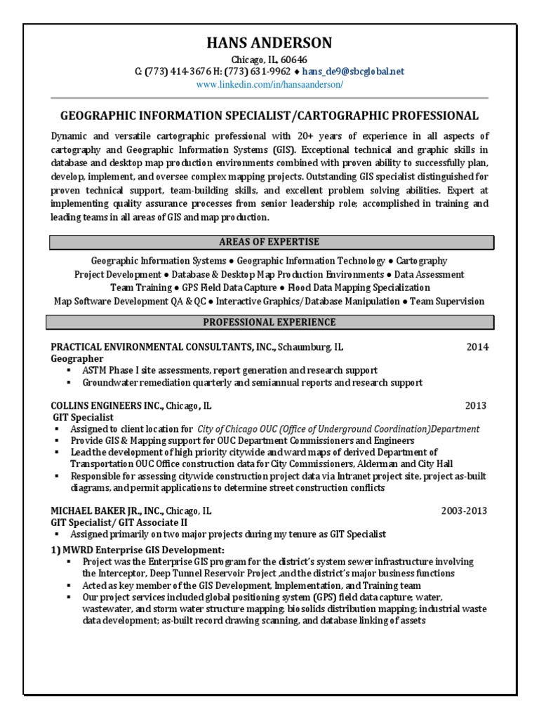 GIS Specialist Cartographic Analyst in Chicago IL Resume Hans Anderson ...