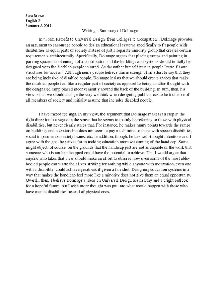 Writing A Summary of Dolmage | PDF | Disability | Cognition
