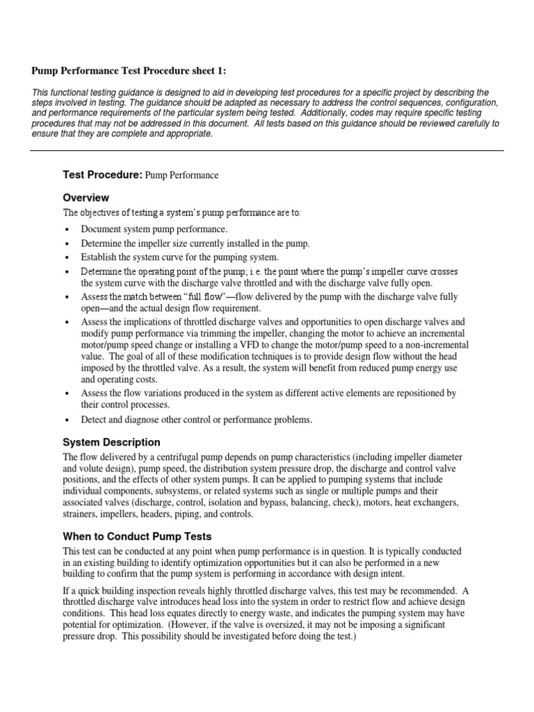 Pump Performance Test Procedure Sheet 1 | PDF | Pump | Valve