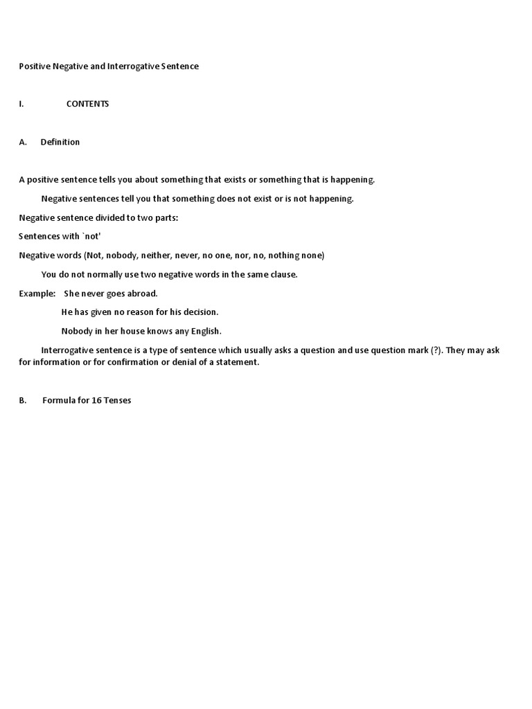 Positive, Negative, Interrogative Sentences | PDF | Perfect (Grammar ...