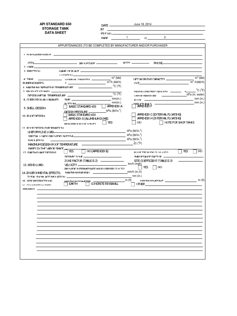 API Standard Storage Tank Data Sheet | PDF | Roof | Structural Steel