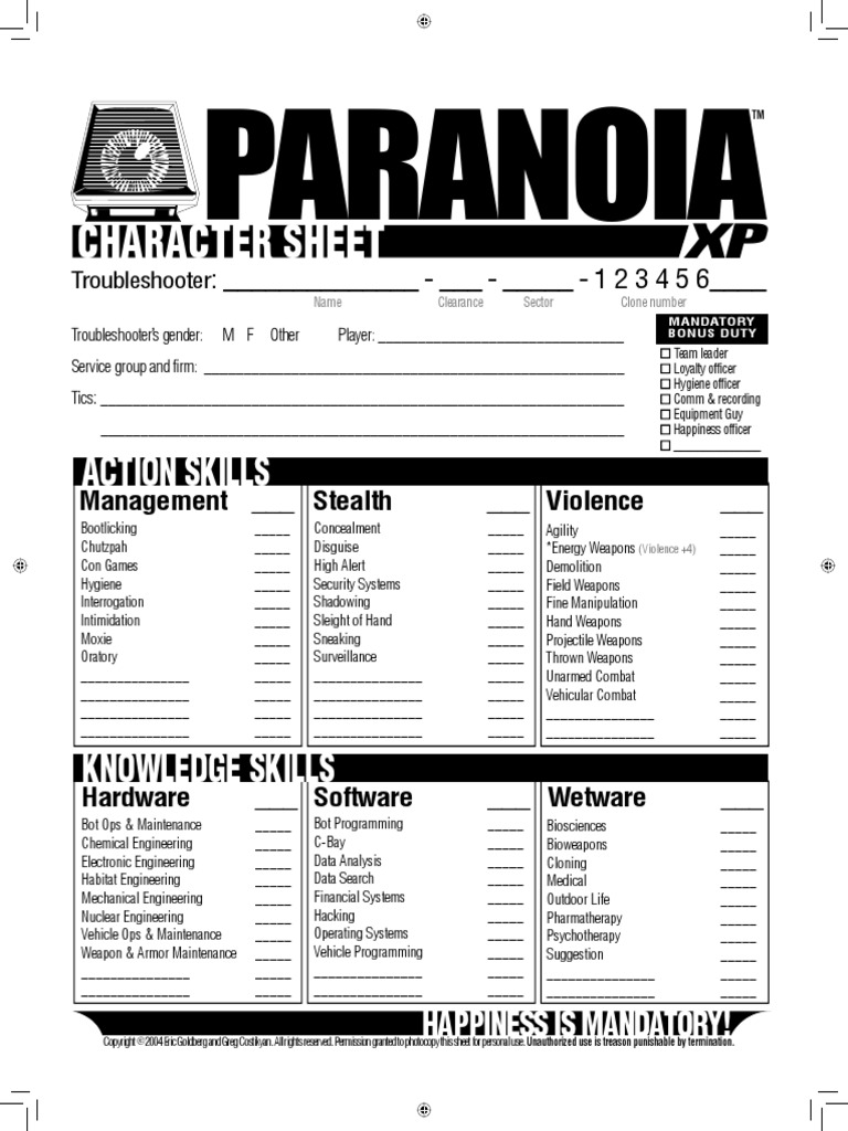 Paranoia XP - Character Sheet | PDF