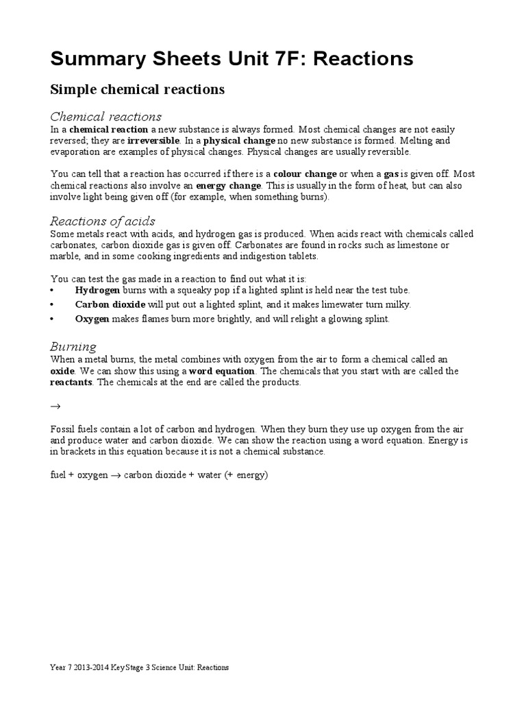 Summary Sheet For Unit 7F | PDF | Fires | Chemical Reactions