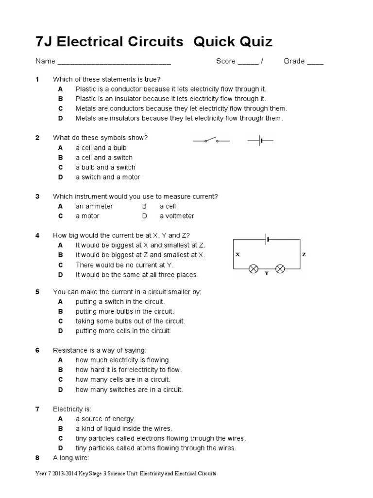 Revision Quiz For Unit 7J | Electric Current | Electricity