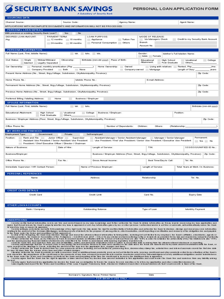Security Bank Personal Loan Application | PDF | Loans | Credit (Finance)