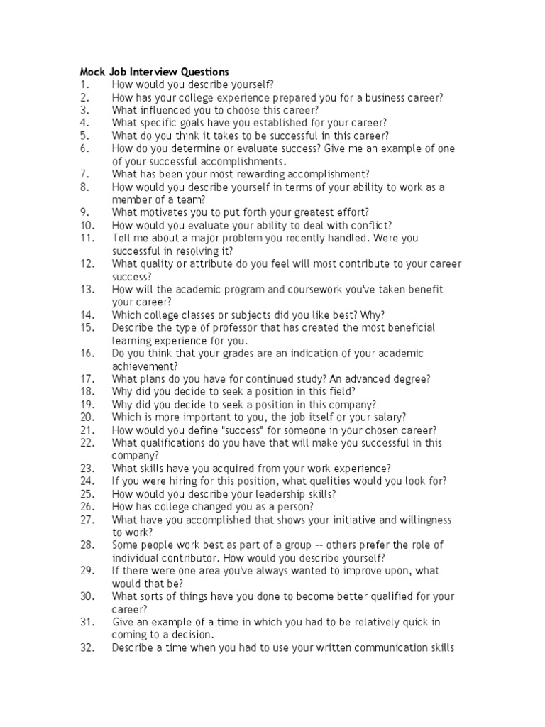 Essential Mock Interview Questions | PDF | Job Interview | Action ...