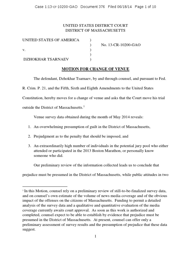 Dzhokhar Tsarnaev Change of Venue Motion | PDF | Sixth Amendment To The ...