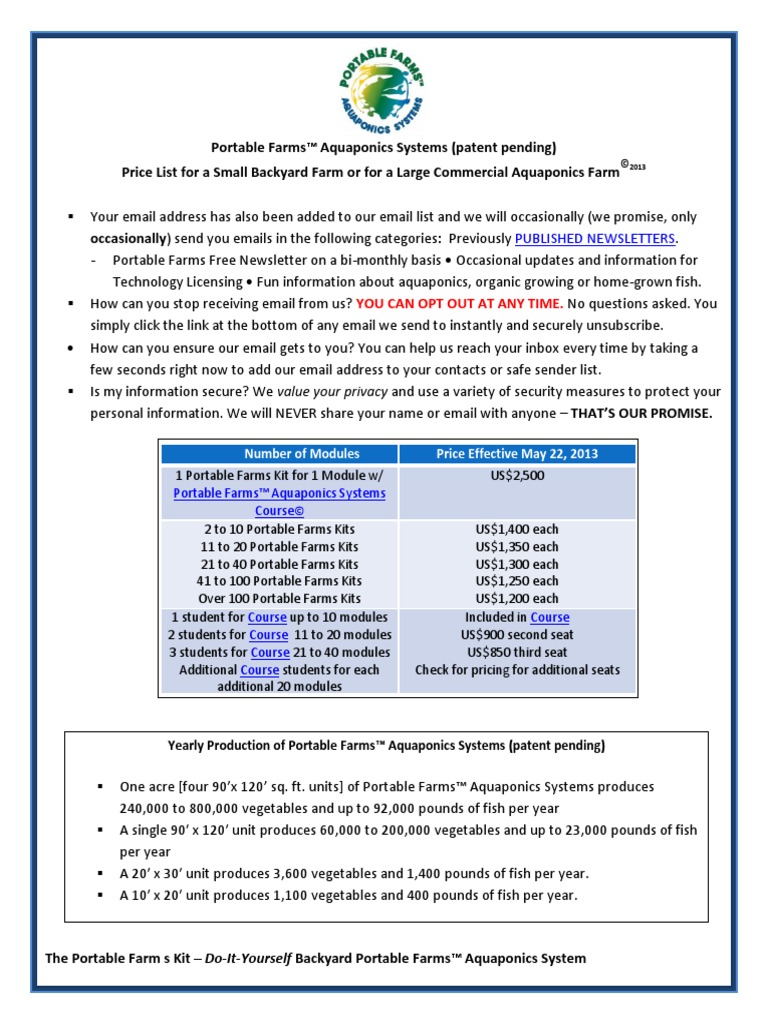 Portable Farms™ Aquaponics System Prices | PDF | Aquaponics | Aquarium