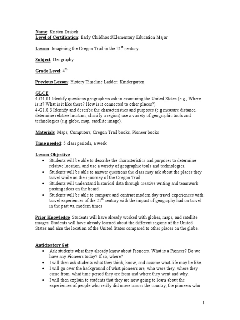 Oregon Trail Lesson Plan | PDF | Oregon Trail | Lesson Plan