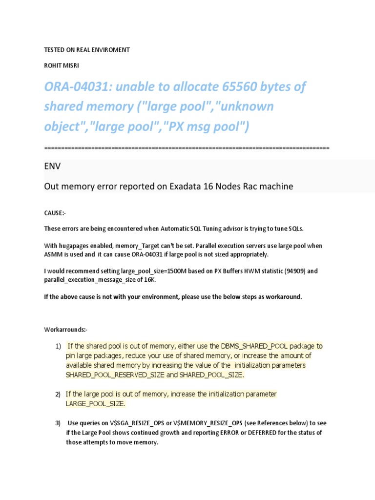Ora 04031 | PDF | Sql | Databases
