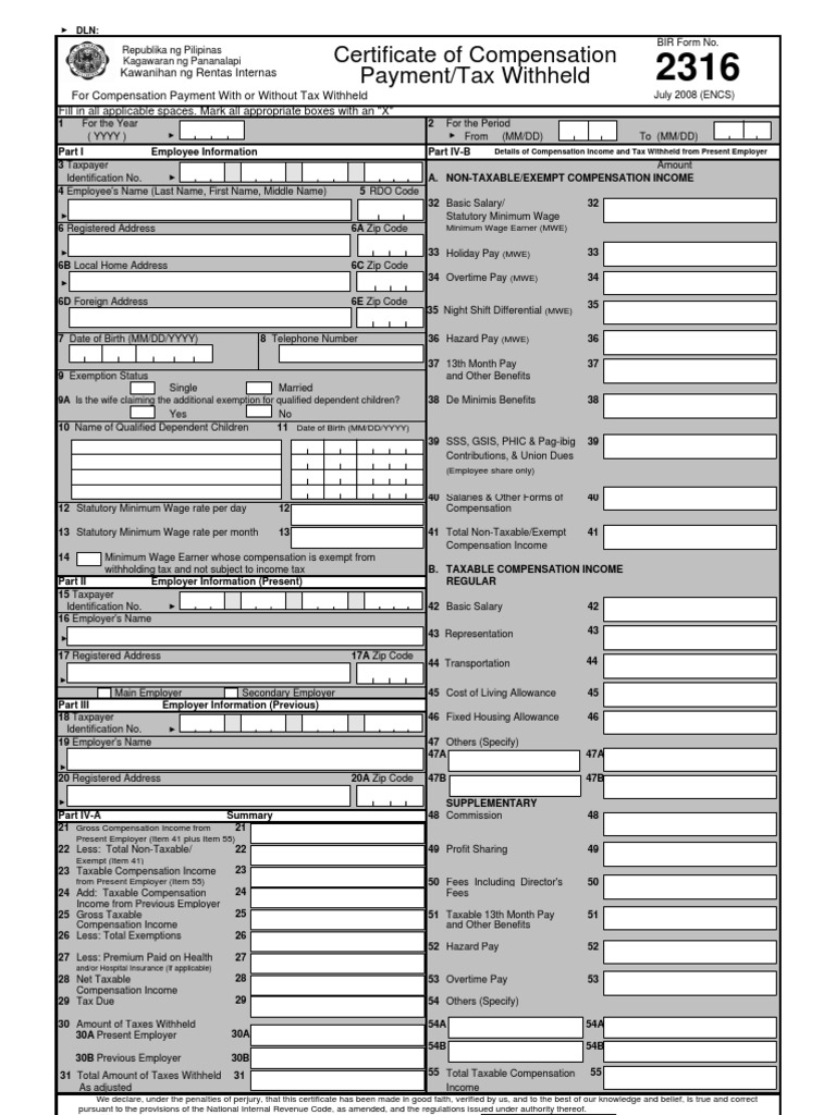 BIR Form 2316 | Income Tax | Employment