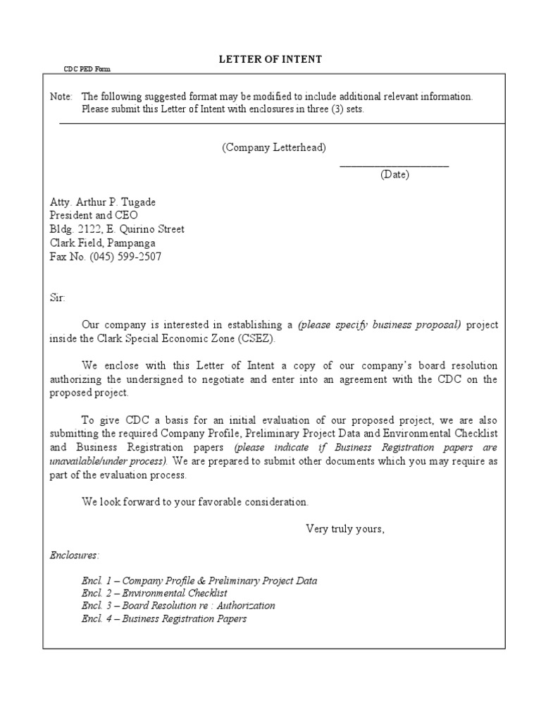 Letter of Intent for CSEZ Project | PDF | Business
