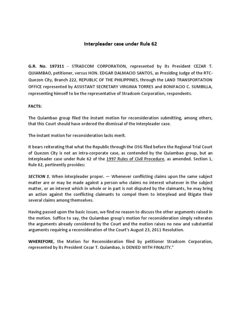 Interpleader Case Under Rule 62 | Download Free PDF | Security Interest | Lawsuit