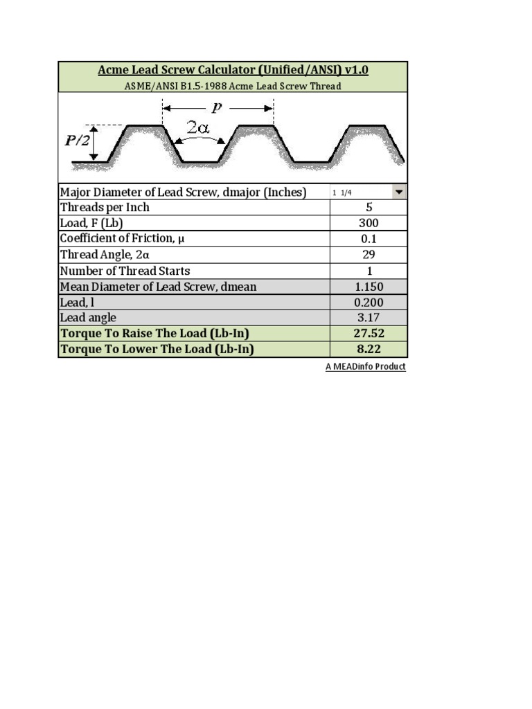 Acme Lead Screw Torque Calculator | PDF | Tools | Manufactured Goods
