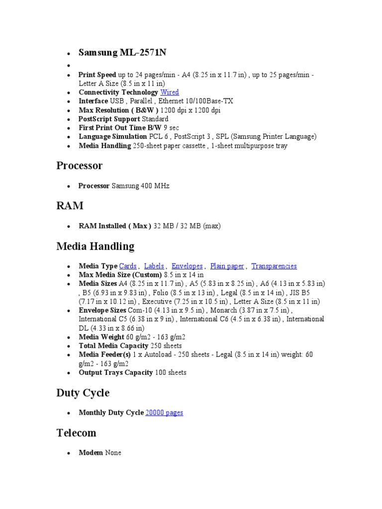 Samsung ML-2571N Printer Specs | PDF | Technology & Engineering