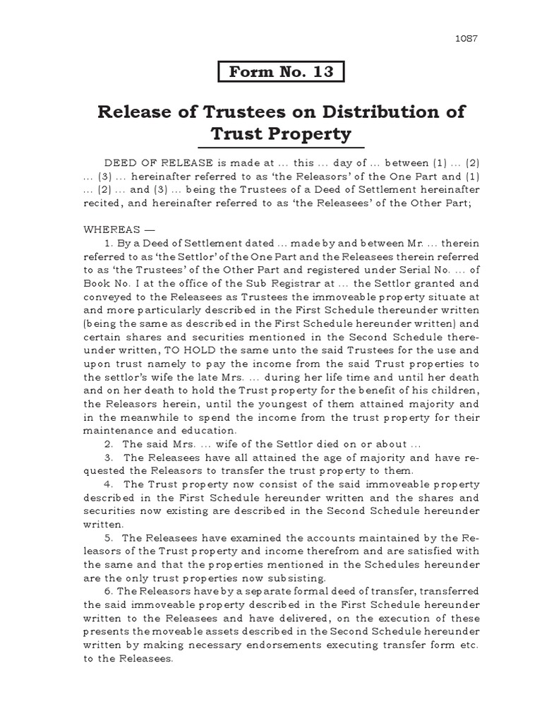 Release of Trustees On Distribution of Trust Property: Form No. 13 ...