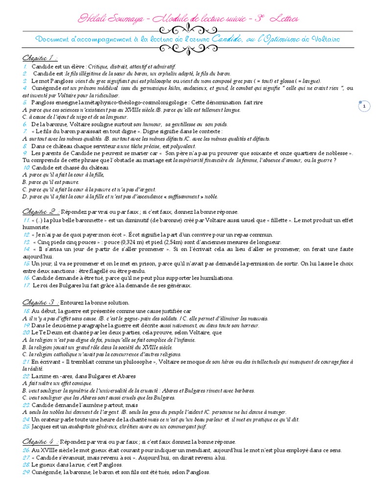 Évaluation de Candide : Questions et Corrigés | PDF | Candide | Voltaire