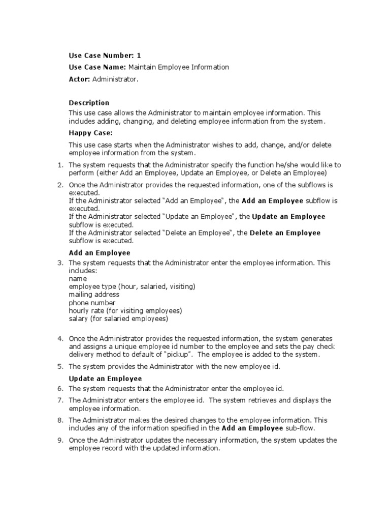 Use Case Number: 1 Use Case Name: Maintain Employee Information Actor ...