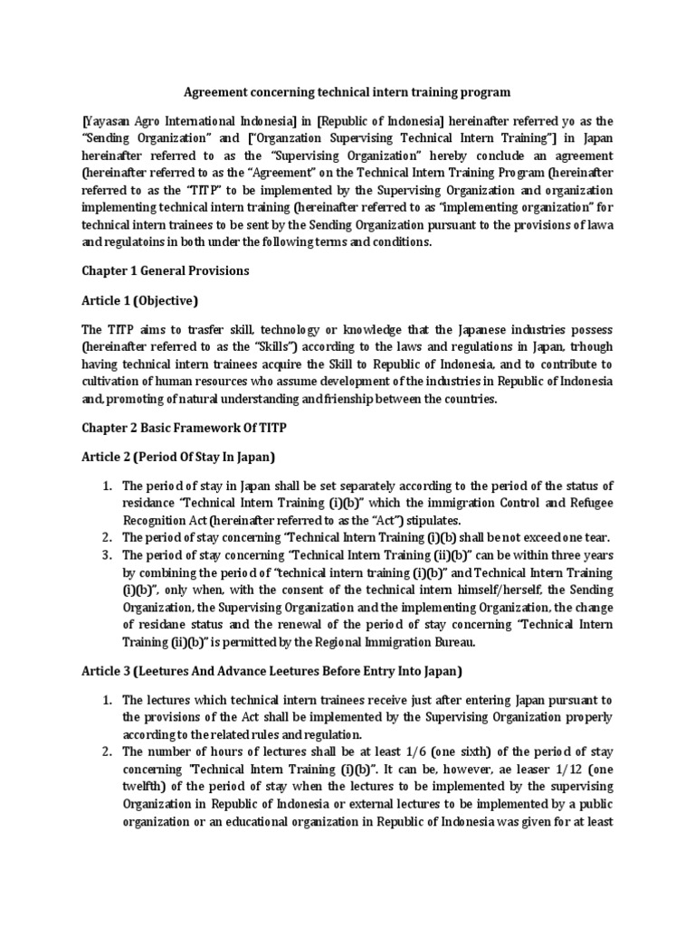 Agreement Concerning Technical Intern Training Program of Ice | PDF ...