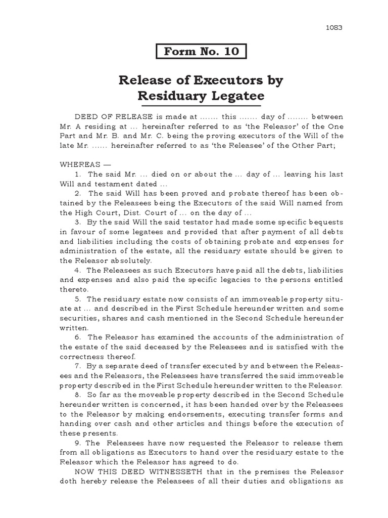 Release of Executors by Residuary Legatee: Form No. 10 | PDF | Will And ...