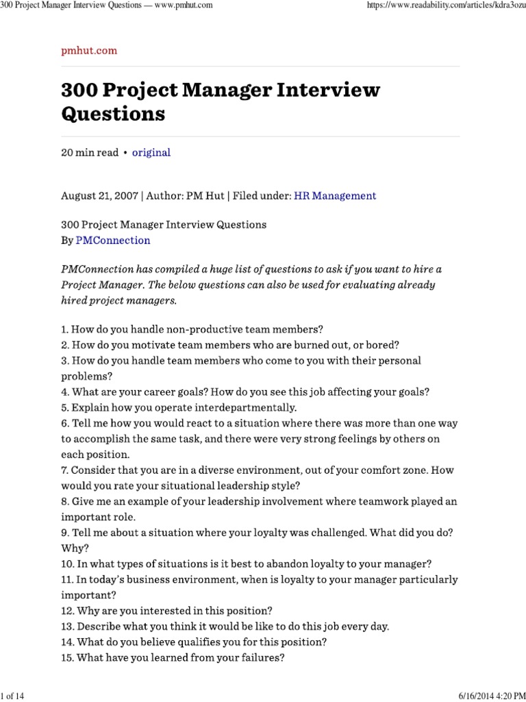 300 Project Manager Interview Questions - WWW - Pmhut | PDF