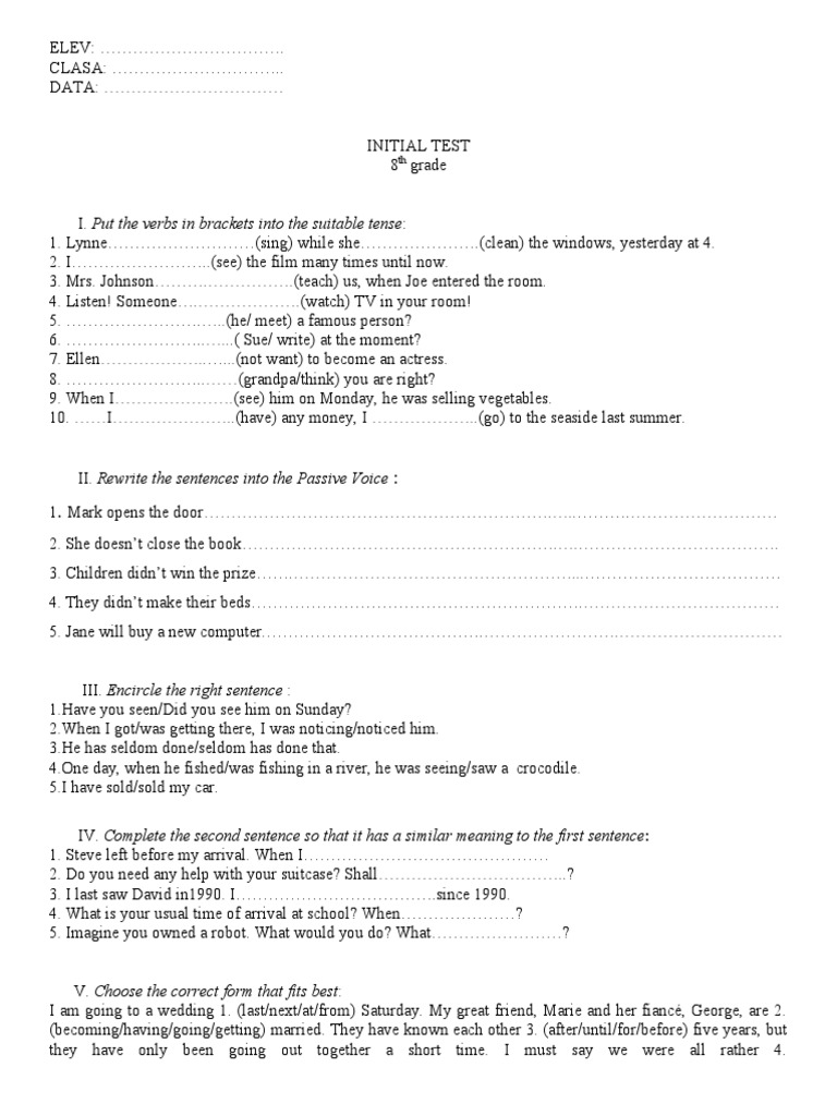 Initial Test 8th Grade | PDF | Ellipsis | Language Mechanics