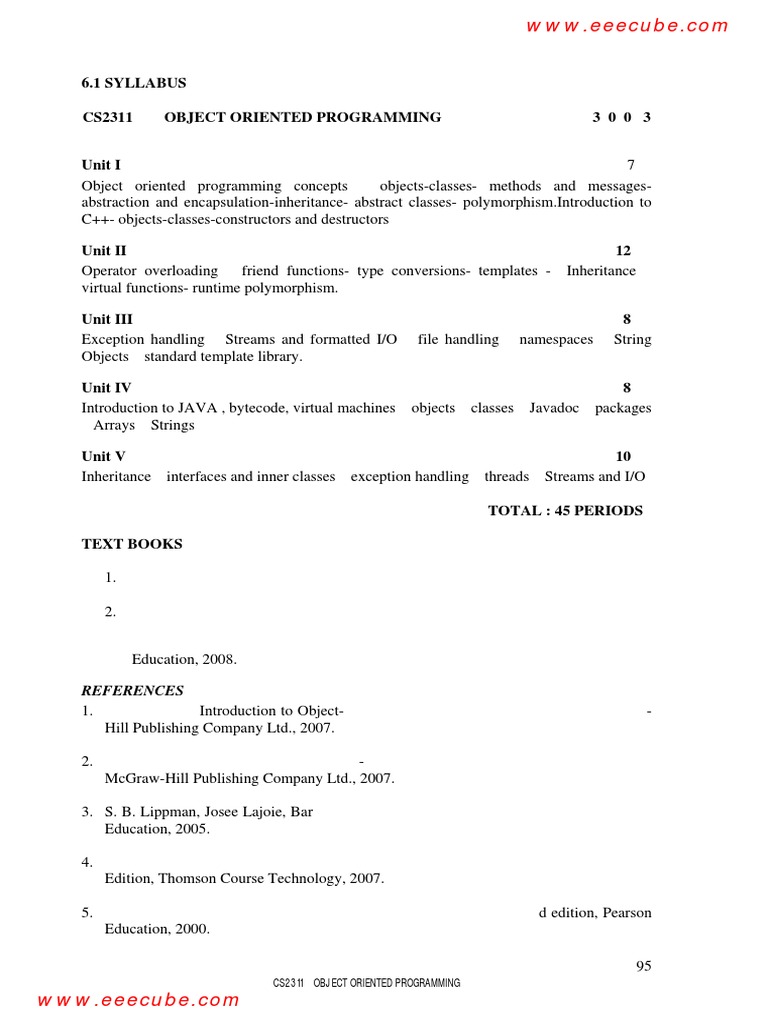 6.1 Syllabus Cs2311 Object Oriented Programming 3 0 0 3 | PDF | Java (Programming Language) | C++