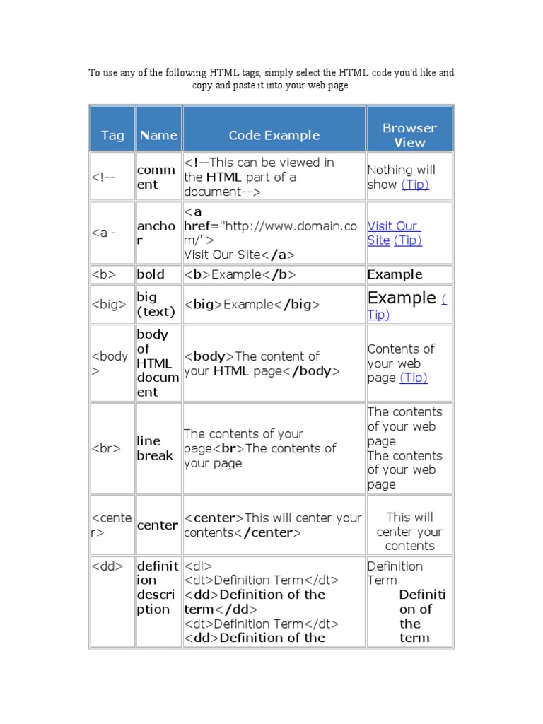 Example: Tag Name Code Example Browser View | PDF | Websites | Web Design