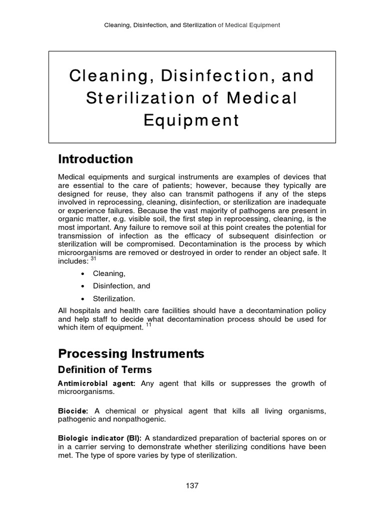 Cleaning, Disinfection, and Sterilization of Medical Equipment | PDF ...