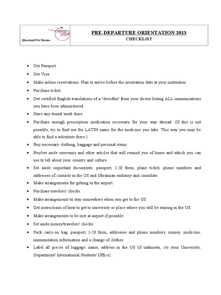 Pre-Departure Orientation 2013: Checklist | PDF