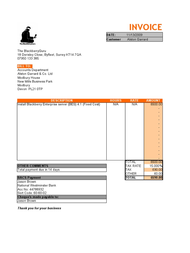 BBGuruInvoice AlstonGarrard 13nov09 | PDF | Economies | Service Industries