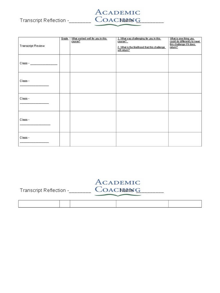 Transcript Reflection Worksheet | PDF