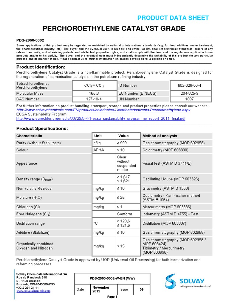 Perchoroethylene Catalyst Grade: Product Data Sheet | PDF | Physical ...