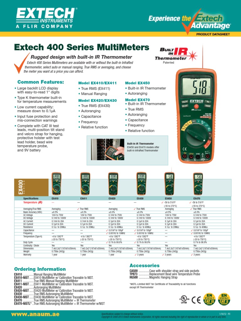 Extech 400 Series Multimeters: Rugged Design With Built-In Ir ...