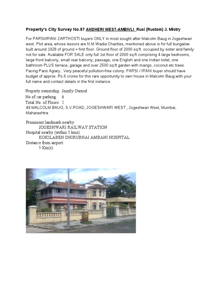 Parsi Bungalow for Sale in Malcolm Baug | PDF