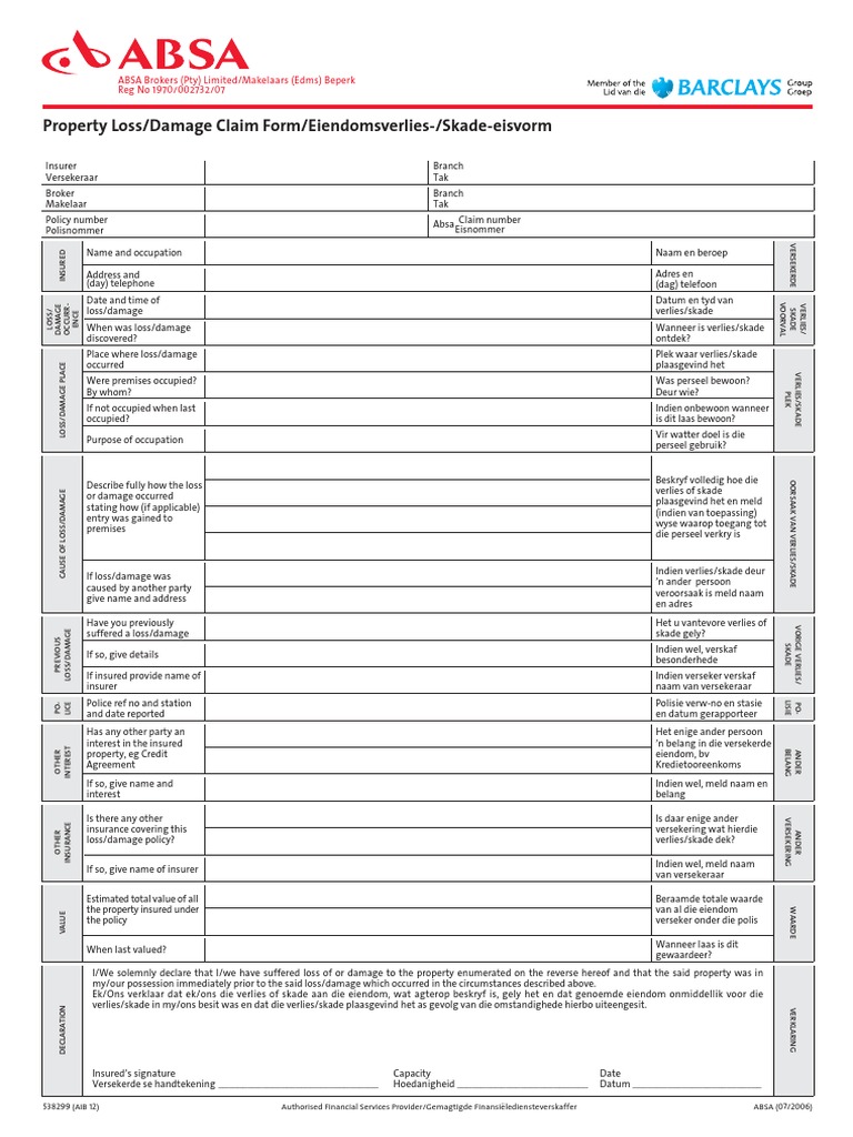 Absa Property Loss Form | PDF
