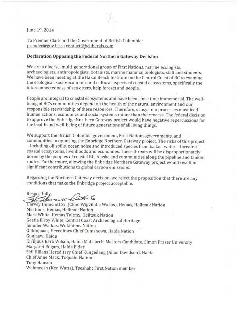 Declaration Opposing The Federal Northern Gateway Decision | PDF