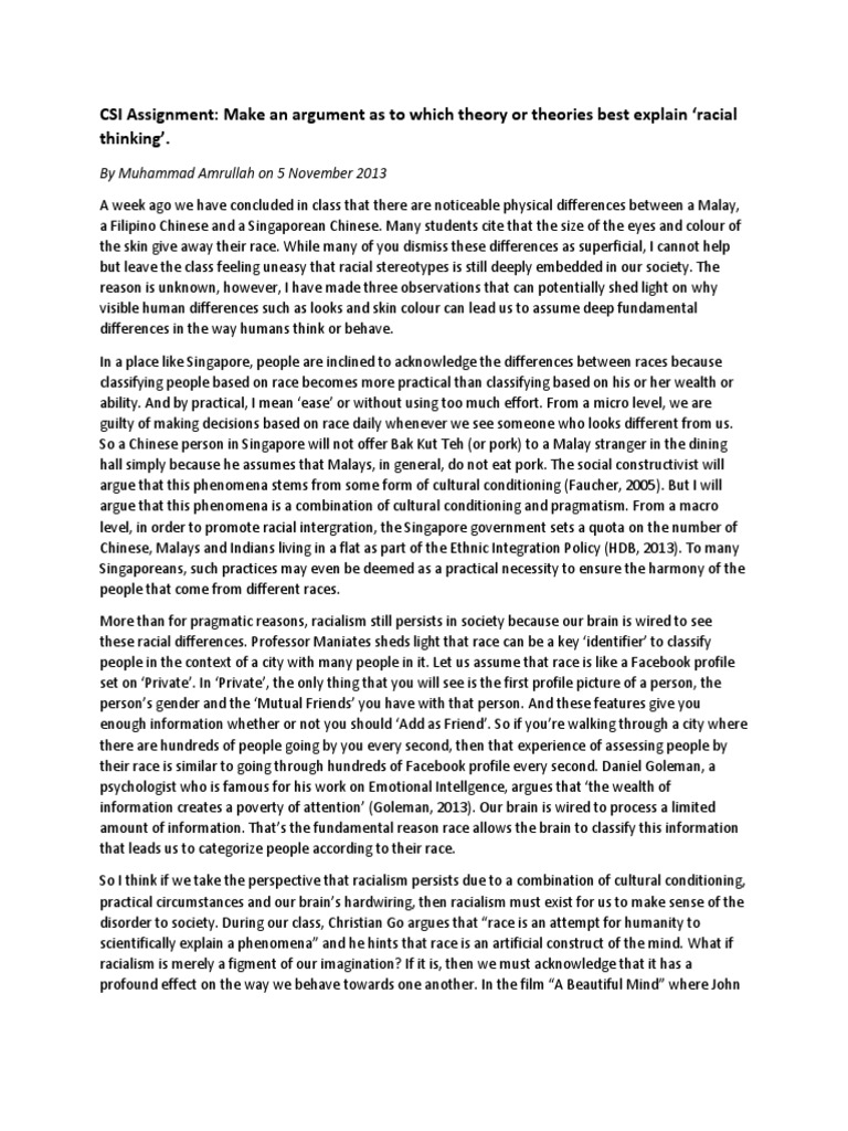 CSI Assignment: Make An Argument As To Which Theory or Theories Best Explain Racial Thinking ...