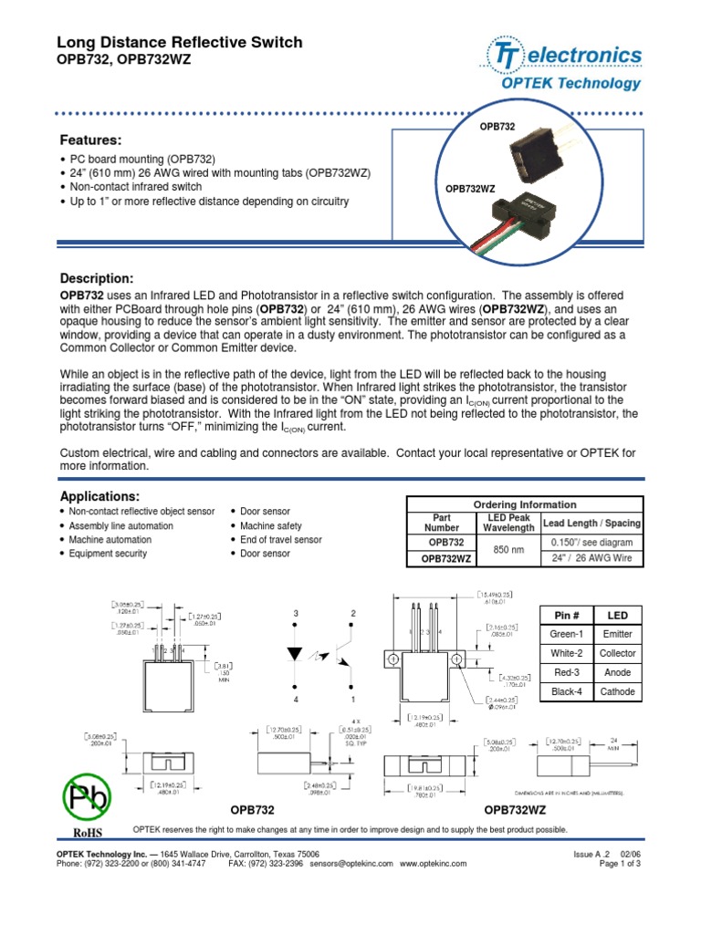 Opb 732 | PDF | Light Emitting Diode | Electrical Engineering