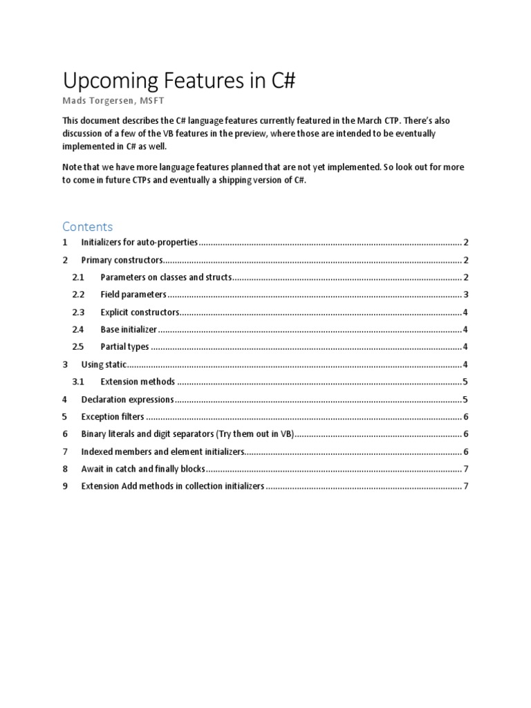 Upcoming Features in CSharp | PDF | Constructor (Object Oriented Programming) | Programming