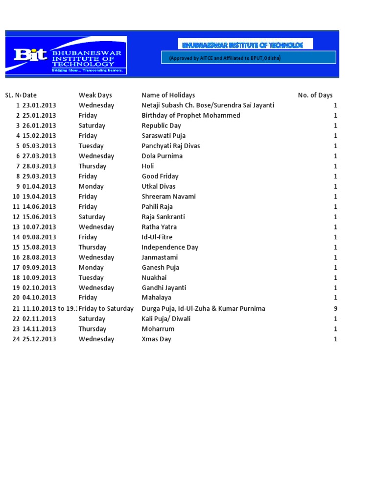 Bput Holiday List | PDF | Religion & Spirituality