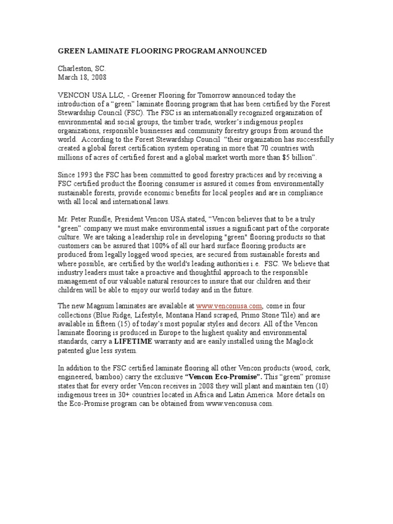 Green Laminate Flooring Announced | PDF | Forest Stewardship Council ...