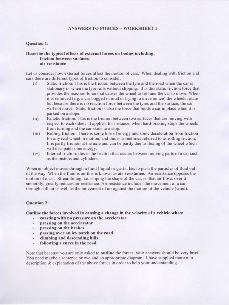 Forces Worksheet 1 Answer Key | PDF | Friction | Force