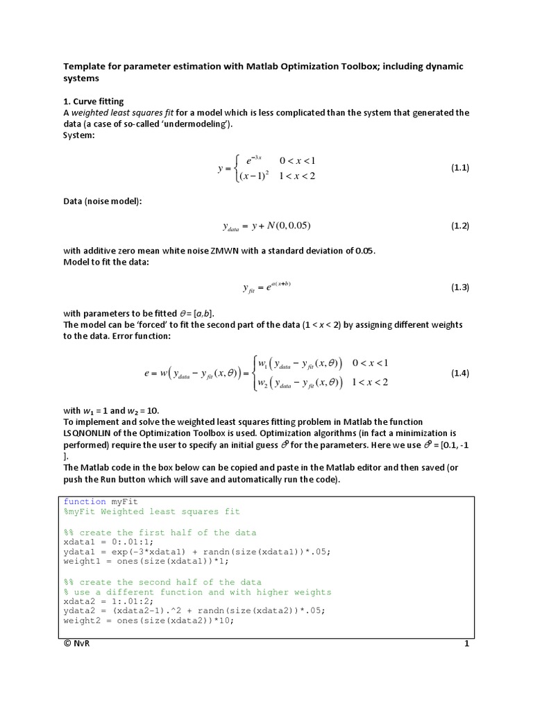 Template For Parameter Estimation With Matlab Optimization Toolbox PDF | PDF | Least Squares ...