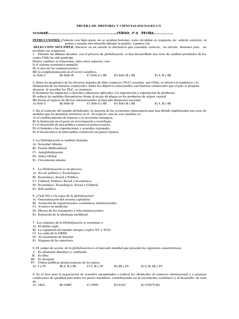 Prueba de Historia y Ciencias Sociales 2 Globalización | PDF | Globalización económica ...